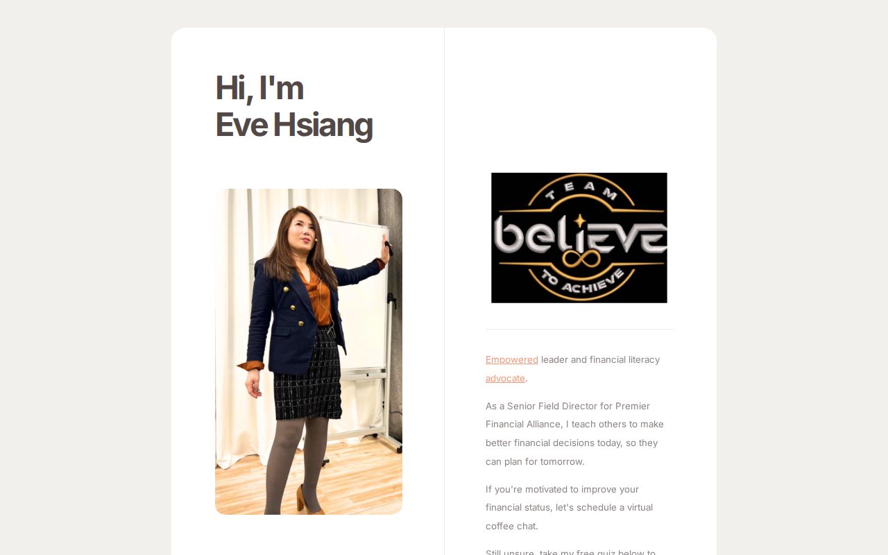 Eve Hsiang, Empowered leader and financial literacy advocate